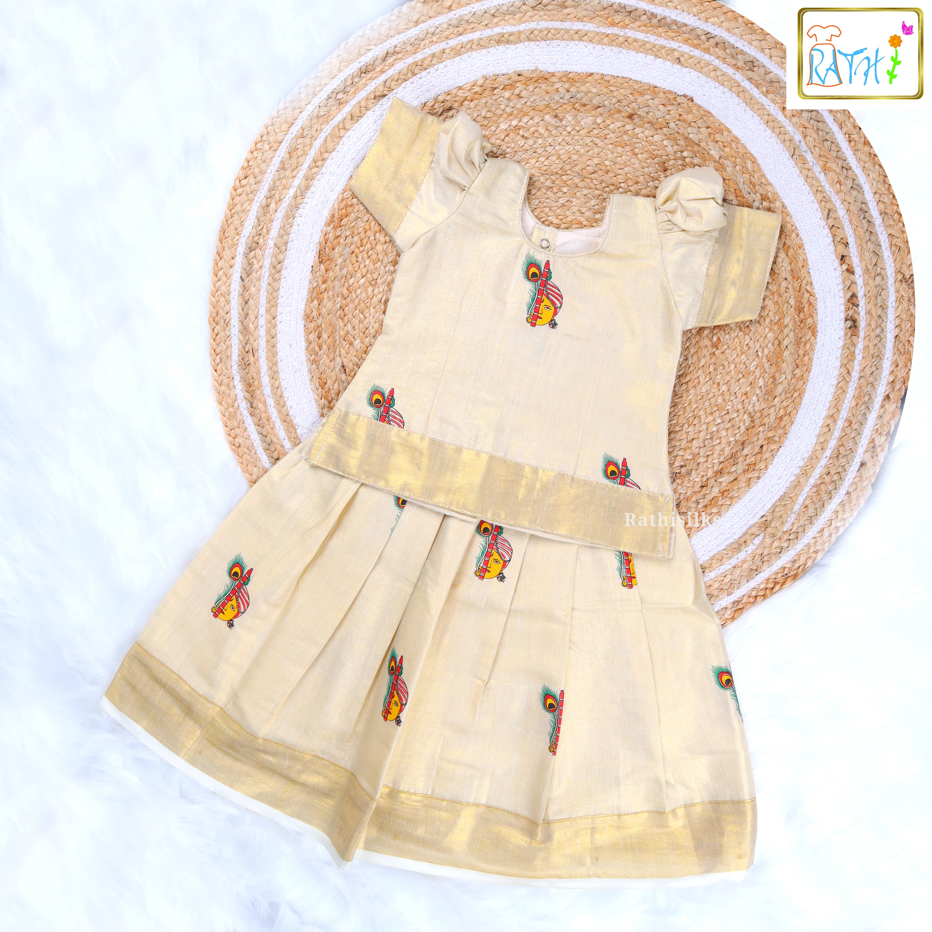 Elegant Cream Krishna Motif Pavadai Sattai – Rathi Silks